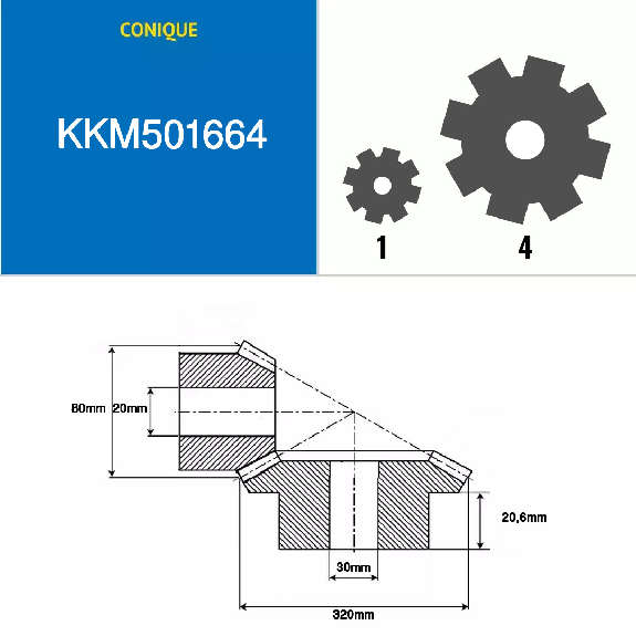 Engrenages coniques Type : 2 Ratio : 4:1 Module : 5 Diamètre extérieur ...